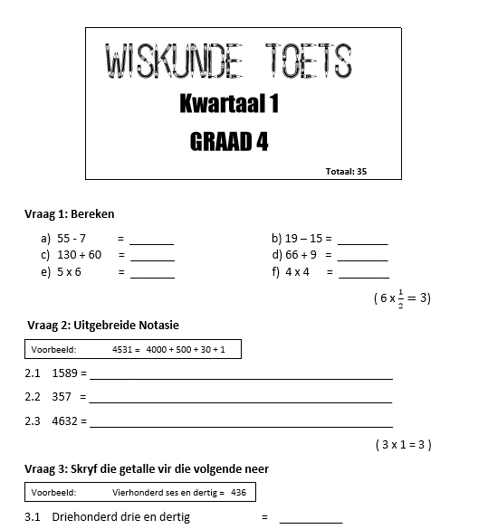 GRAAD 4 Wiskunde vraestel Kwartaal 1 - Juffrou 911