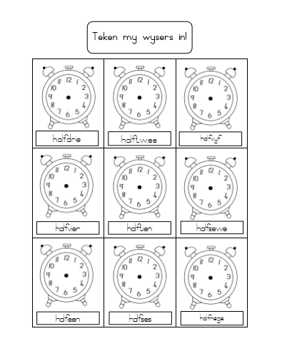 Analoog tyd – Ure en halfure werkkaarte - Juffrou 911