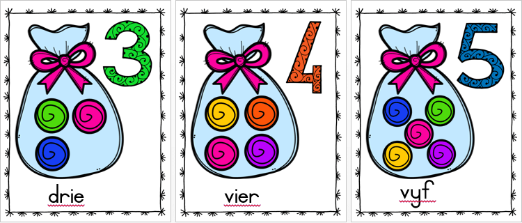 Getalle 0 - 10 muurkaarte + Sakkie met tellers - Juffrou 911